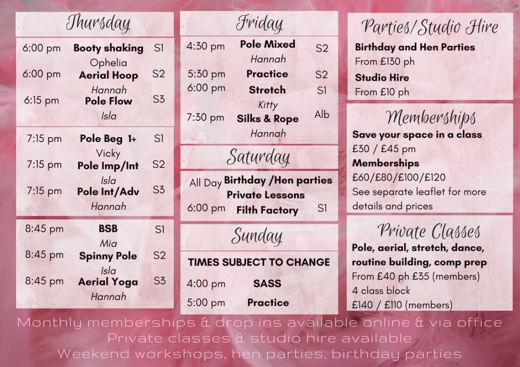 Weekly Classes Schedule Pink Kitten Dance School